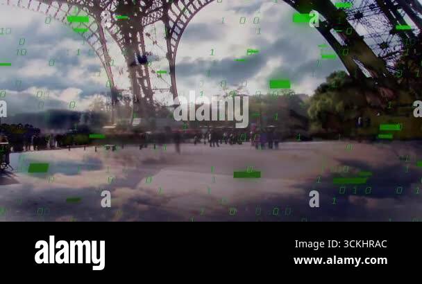 Digital glitch causing animated binary digits cascading over Eiffel ...