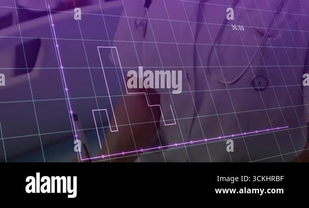 Female doctor analyzing data on clipboard causing purple grid charts animating, patient smiling ...