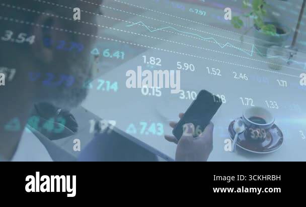 Trader lifting smartphone and scrolling stock graph while nibbling ...