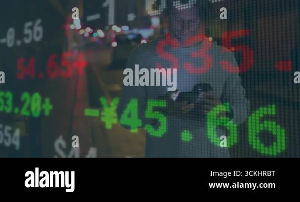 Man scrolling smartphone for monitoring stocks, driving stock ticker ...