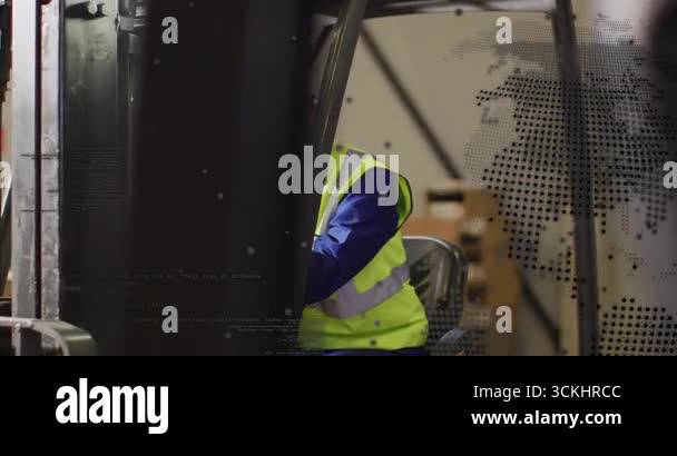 Forklift operator reaching joystick adjusting grip and assessing ...