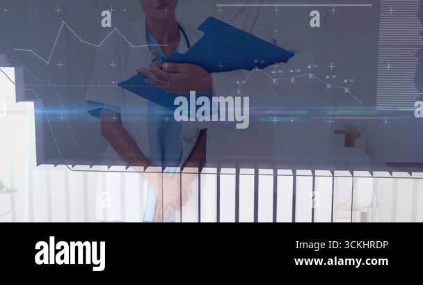 Bar chart rising during medical review, doctor taking clipboard, nurse ...