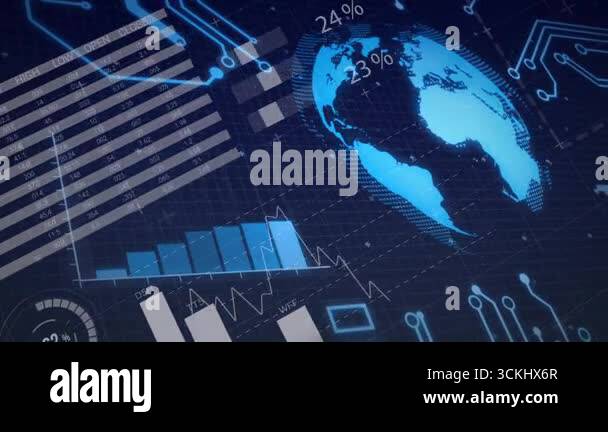 Dark grid launching data update, globe rotating, gauge dropping, overlays sliding. Futuristic ...