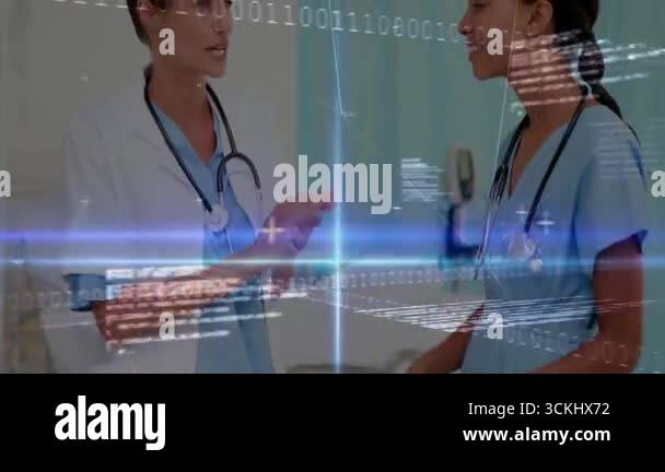 Physician turning toward junior doctor explaining case with binary overlay mentoring mentee ...