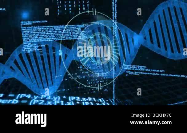 translucent blue helix emerging on dark grid pulsing rings and streaming code showing data ...