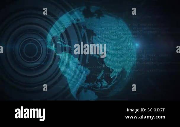 HUD rings pulsing and causing rotating globe revealing continents with code overlays showing ...