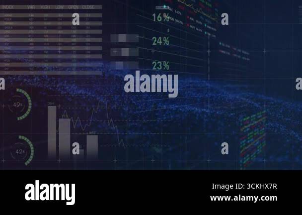 On startup holographic interface animating charts and updating data showing live financial ...