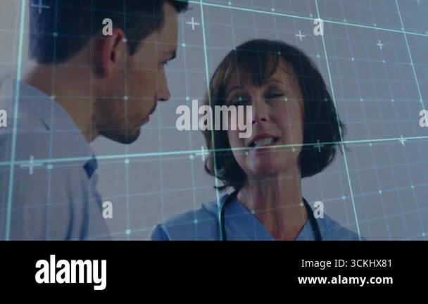 Healthcare team reviewing patient data by tapping tablet and highlighting digital grid overlay ...