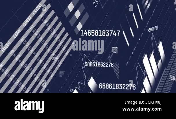 Dark-blue panel sliding in starting numbers morphing and charts shifting showing market insights ...