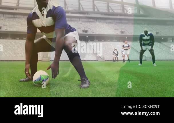 Scrum half placing rugby ball on pitch, snapping wrists launching pass ...