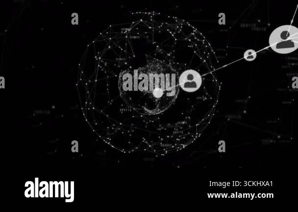 Upon rotation starting, 3D globe spawning user icons, extending lines, visualizing network ...