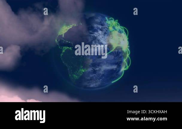 Rotating Earth neon arcs from Asia linking world, clouds drifting ...
