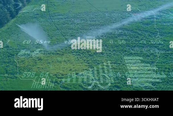 On AR activation nozzle spraying white plume across crop field tracking coverage via data ...