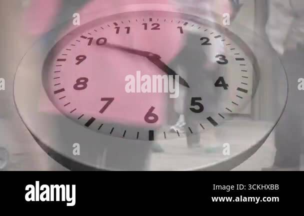 Clock hands jumping forward as passersby walking behind translucent ...