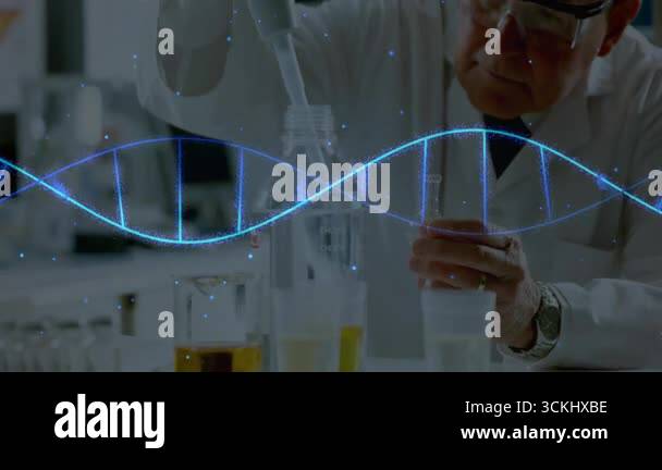 Scientist responding to pulsing DNA helix drawing solution into vial ...