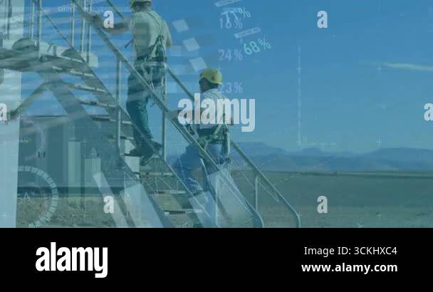 Technicians climbing metal stairs on cue while repairing tech unit ...