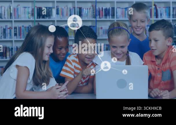 Students leaning over laptop in library typing viewing animated icons ...