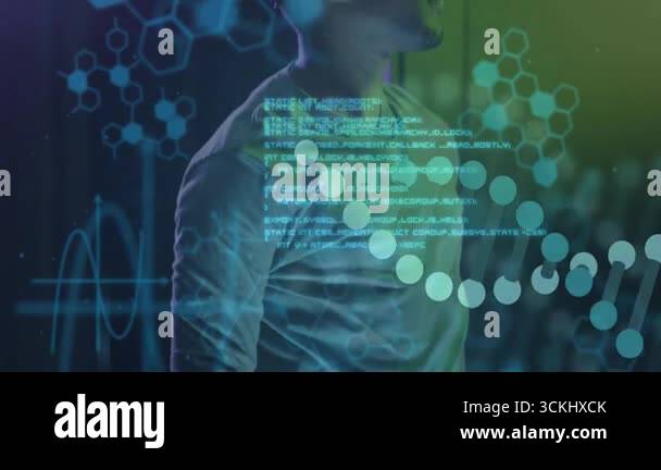 Man standing in dark tech space, code and DNA helix settling, reaching ...