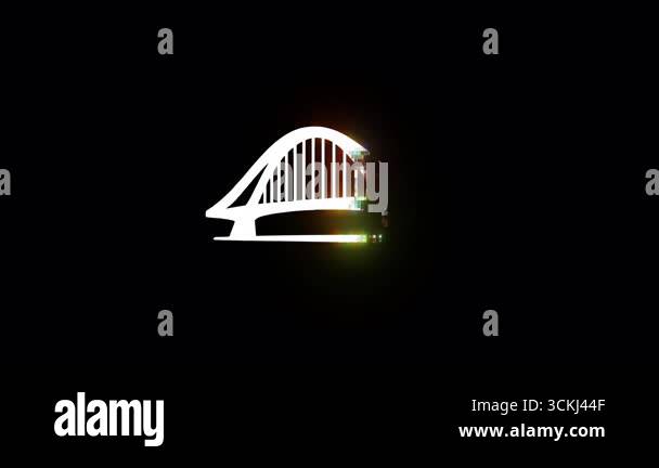 White architectural bridge icon materializing on dark background ...