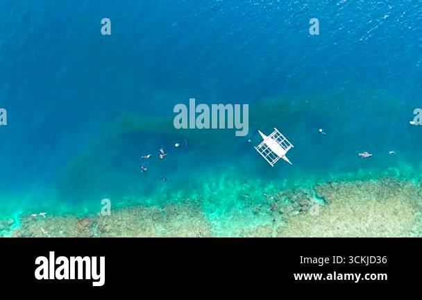 Aerial view of tourists snorkeling and a boat over coral reefs, known ...