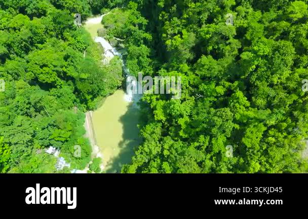 Aerial view of a winding river flowing through dense green jungle, culminating in a powerful ...