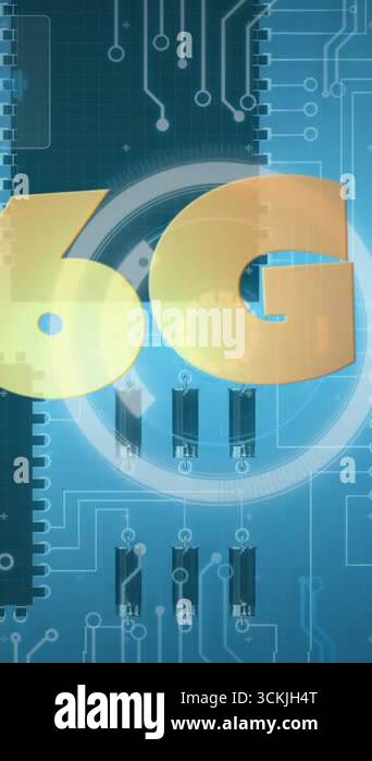 Animation of 6g text, scope scanning over circuit board of computer server. global network ...