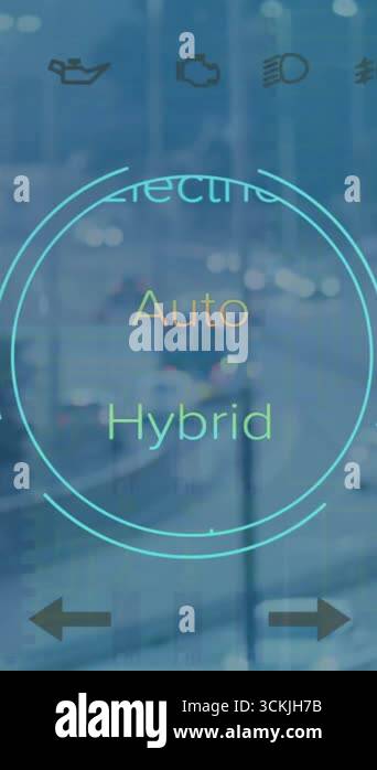 Animation of digital data processing over electric car screen and cityscape. Global connections ...