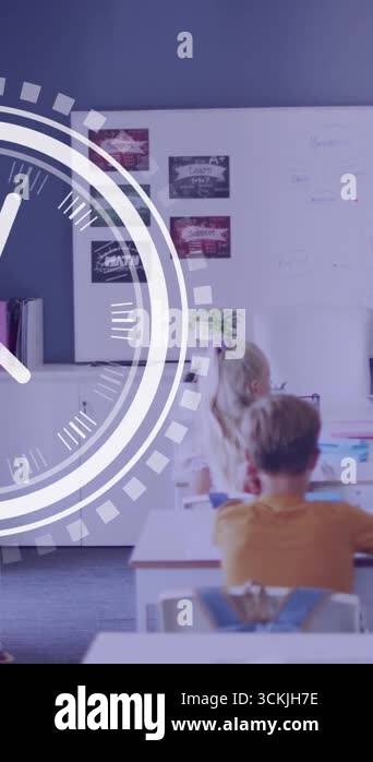 Animation of clock over african american male teacher talking to pupils ...