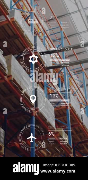 Animation of icons with data processing over warehouse. Global delivery ...