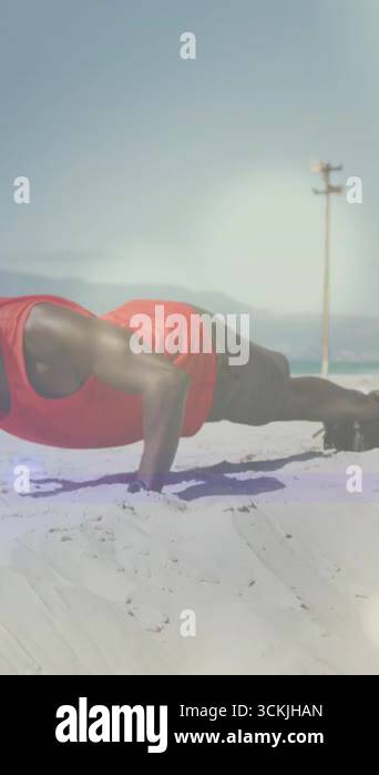 Animation of spots over african american man exercising at beach ...