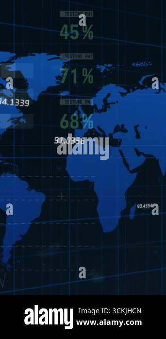 Animation of financial data processing over world map of black background. global finance ...