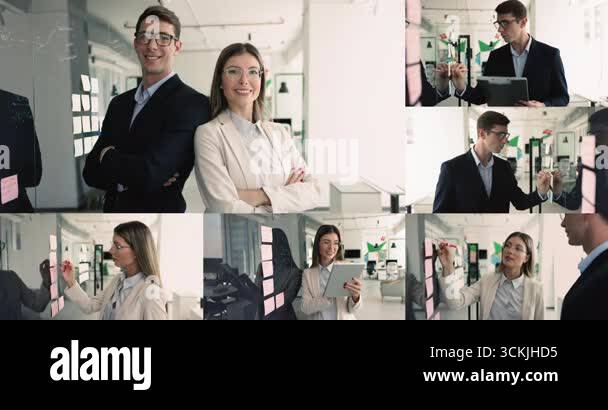Collage of two woman and man teammates working, posing at workplace ...