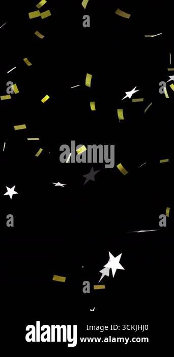 Gold and white stars with confetti falling animation on black ...