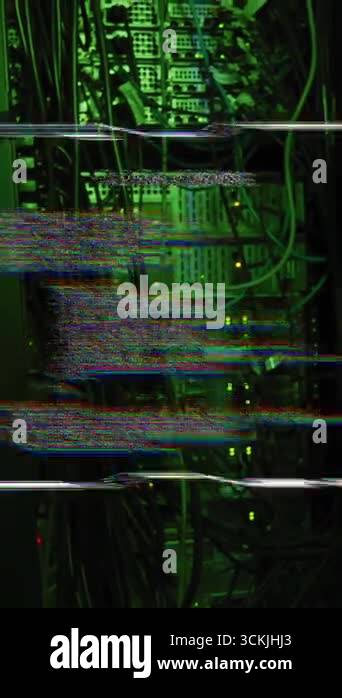 Data processing animation over server room with green lighting ...