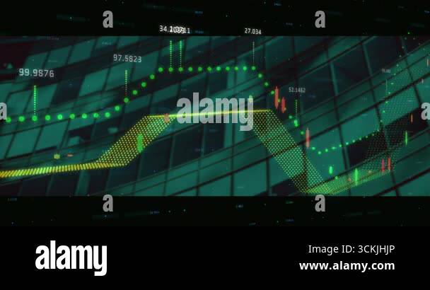 Financial chart overlay animating on glass facade when yellow band ...