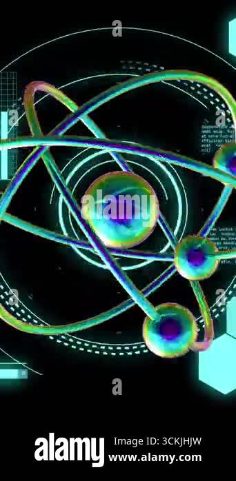 Animation of atom model spinning and data processing on black ...