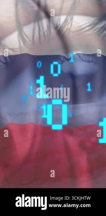 Binary code animation over close-up of eye with Russian flag colors ...