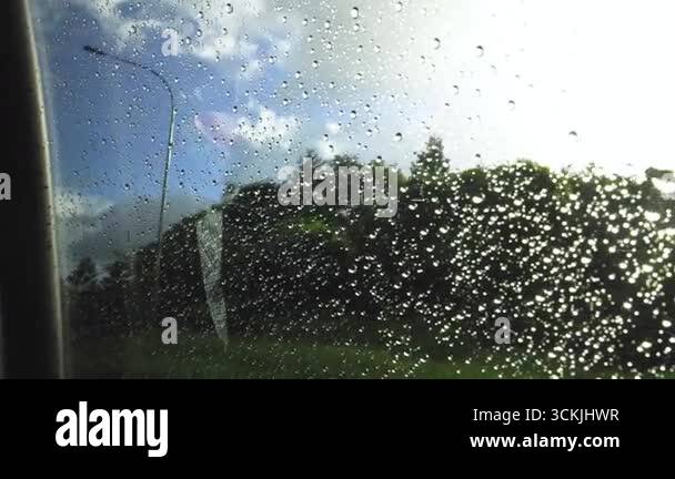 Raindrops on a car window with passing trees and changing light create a serene, moving ...