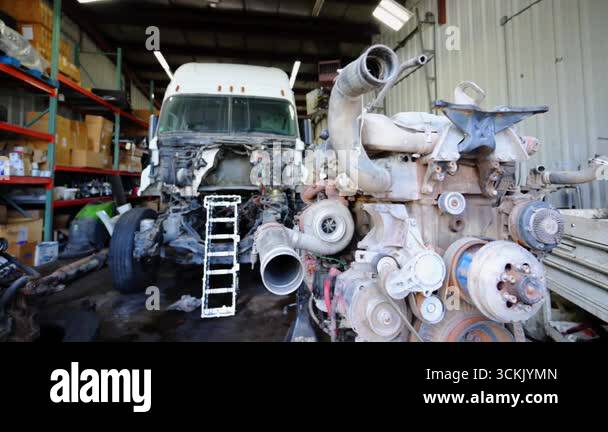 The truck repair shop, Various devices, engine, parts of semi truck in ...