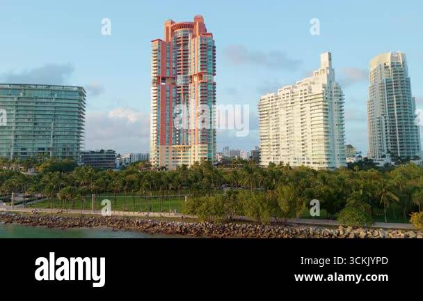 Drone view of high skyscrapers near Miami harbor with the blue sky ...