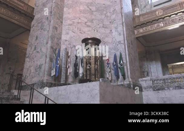 Olympia WA USA, July 19, 2025 - Flags and trophy inside the Capitol ...