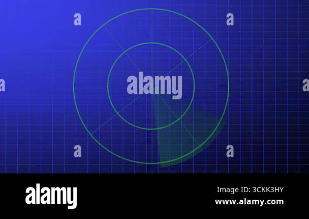 Glows of green radar waves pulse across a digital grid on a deep blue ...