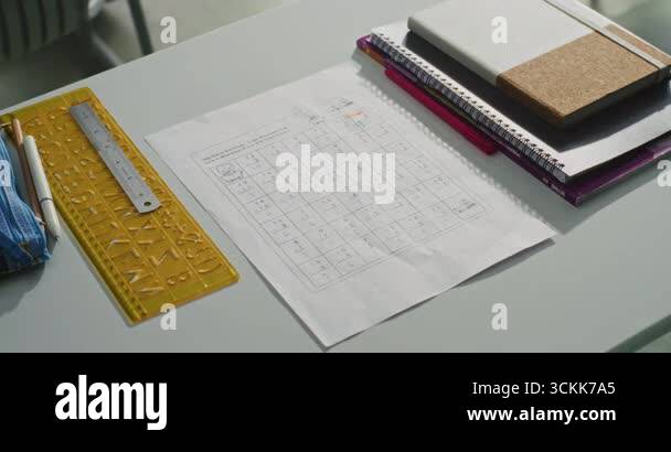 Close Up Shot of School Desk with Student School Supplies, Notebooks ...