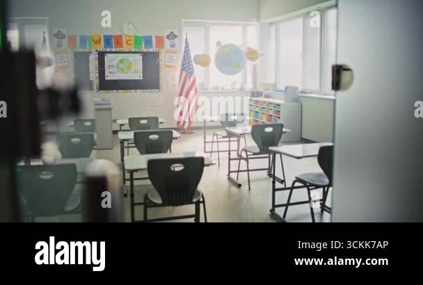 American Elementary School: Interior of Empty Classroom with Desks for ...