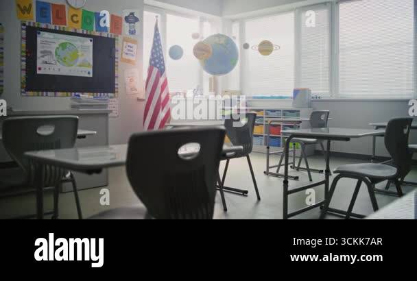 American Primary School: Interior of Modern Empty Classroom with Desks ...