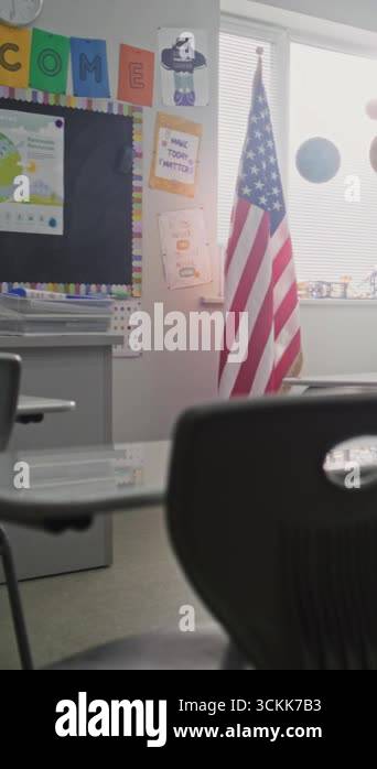 American Primary School: Interior of Empty Classroom with Desks for ...