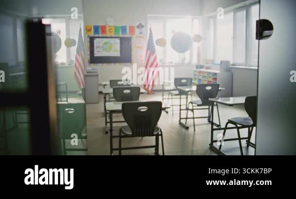 American Primary School: Interior of Modern Empty Classroom with Desks ...