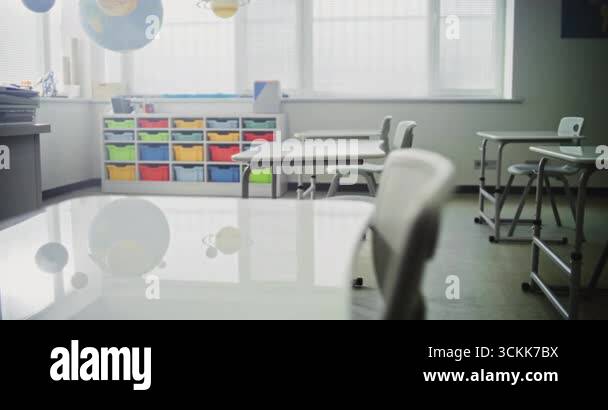 Interior of Modern Empty Elementary School Classroom with Desks for Students, Chalkboard ...
