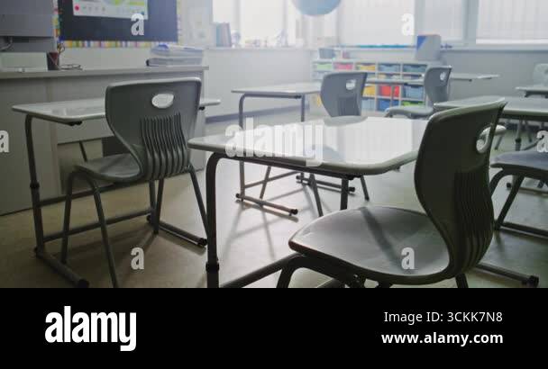 Interior of Modern Empty Elementary School Classroom with Desks for Students, Chalkboard ...