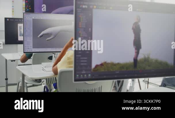 Smart Young Students Using Computers, Creating 3D Models in Design Software, Practicing 3D ...